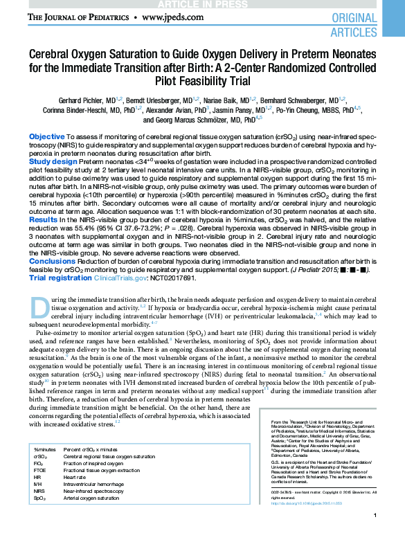 (PDF) Cerebral Oxygen Saturation to Guide Oxygen Delivery in Preterm ...