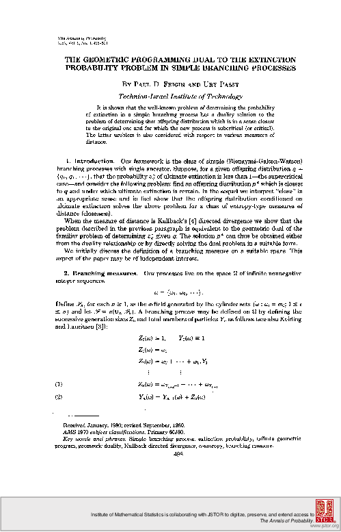 (PDF) The Geometric Programming Dual to the Extinction Probability ...