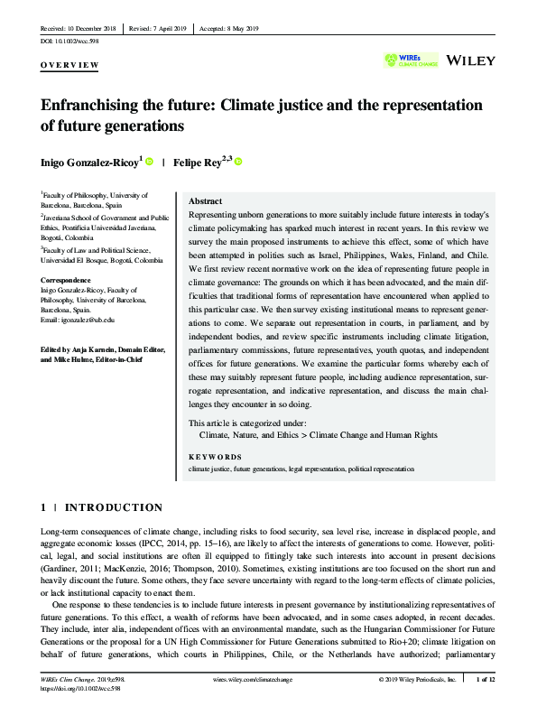 (PDF) Enfranchising the future: Climate justice and the representation ...