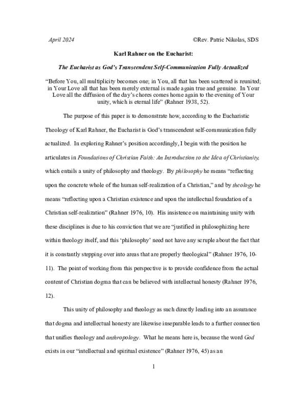 (PDF) Karl Rahner on the Eucharist