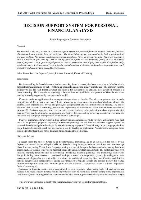 (PDF) Decision Support System for Personal Financial Analysis