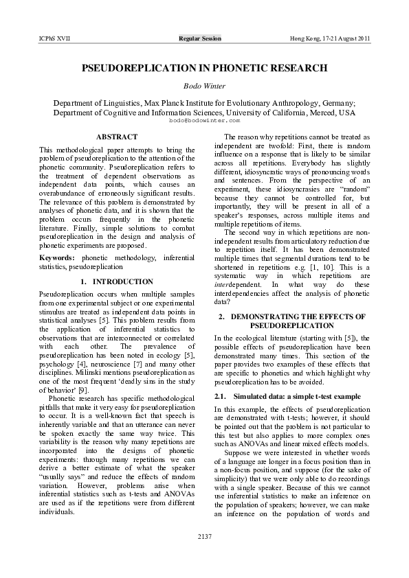 (PDF) Pseudoreplication in Phonetic Research