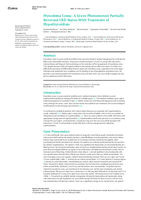 (PDF) Myxedema Coma: A Grave Phenomenon Partially Reversed CKD Status ...