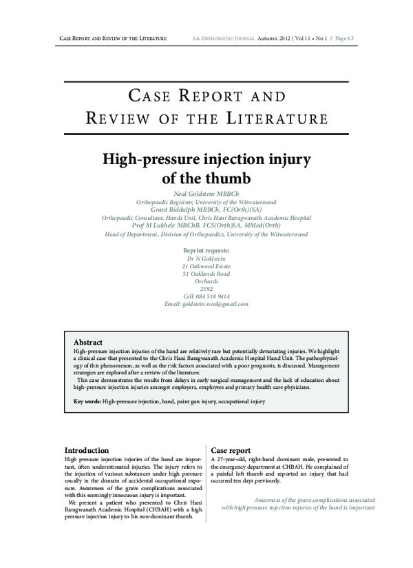 (PDF) High-pressure injection injury of the thumb