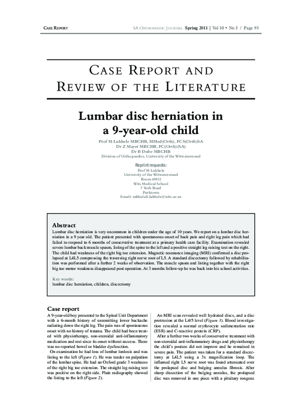 (PDF) Lumbar disc herniation in a 9-year-old child