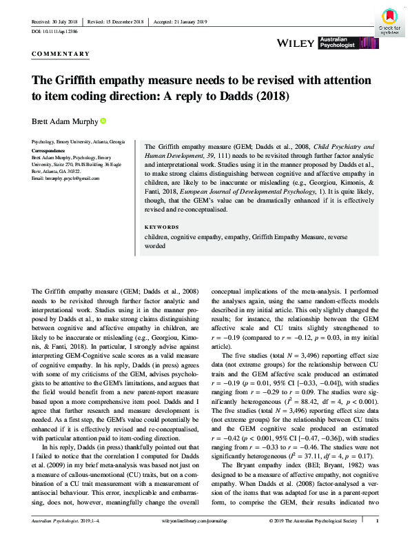 (PDF) The Griffith empathy measure needs to be revised with attention ...
