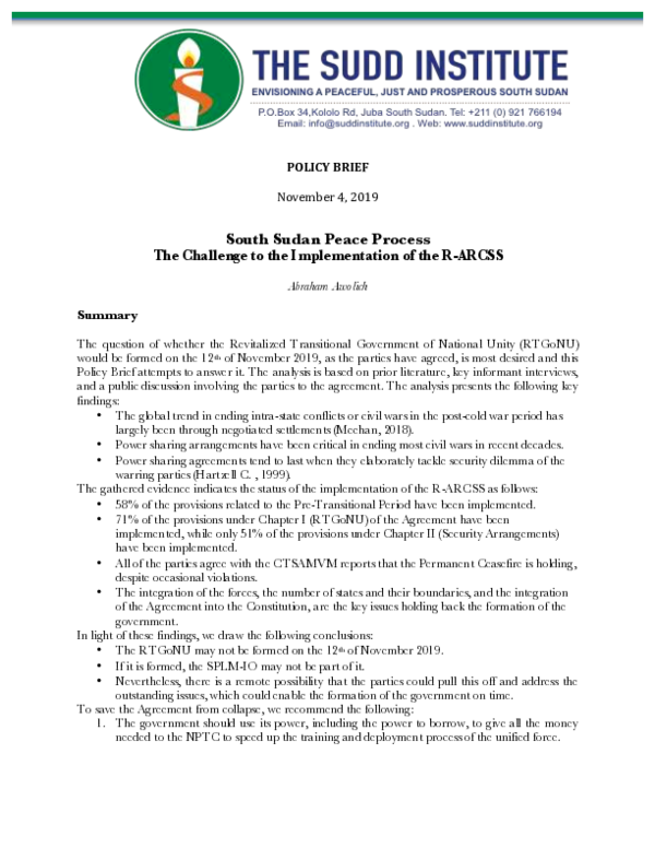 (PDF) South Sudan Peace Process: The Challenge to the Implementation of ...