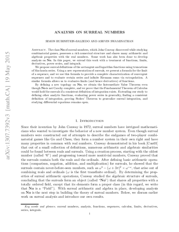 (PDF) Surreal Analysis: An Analogue of Real Analysis for Surreal Numbers
