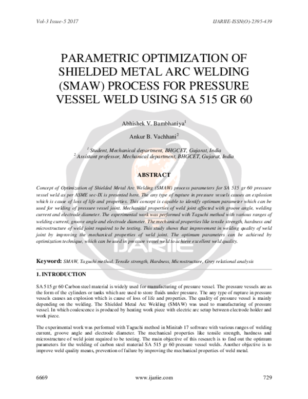 (PDF) Parametric Optimization of Shielded Metal Arc Welding (Smaw) Process for Pressure Vessel ...