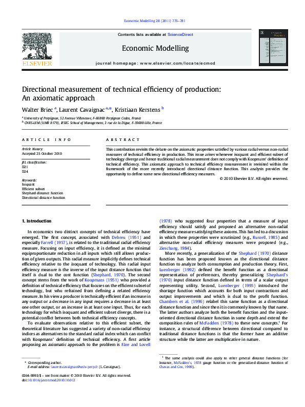 Pdf Directional Measurement Of Technical Efficiency Of Production An Axiomatic Approach
