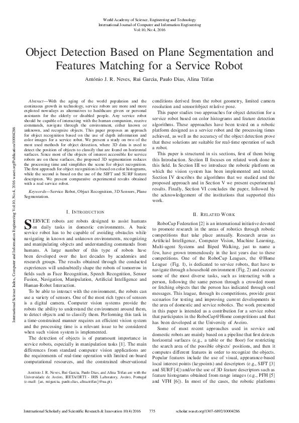 Pdf Object Detection Based On Plane Segmentation And Features Matching For A Service Robot