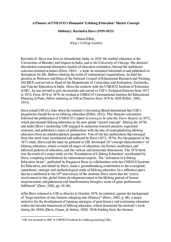 (PDF) A Pioneer of UNESCO's Humanist 'Lifelong Education' Master ...