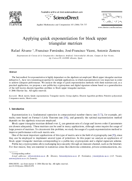 (PDF) Applying quick exponentiation for block upper triangular matrices