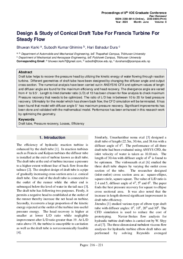 (PDF) Design & Study of Conical Draft Tube For Francis Turbine For ...