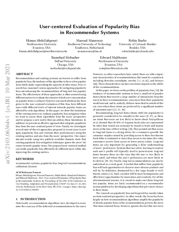 (PDF) User-centered Evaluation of Popularity Bias in Recommender Systems