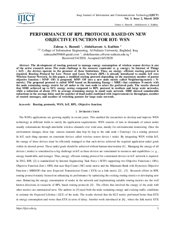 Pdf Performance Of Rpl Protocol Based On New Objective Function For Iot Wsn