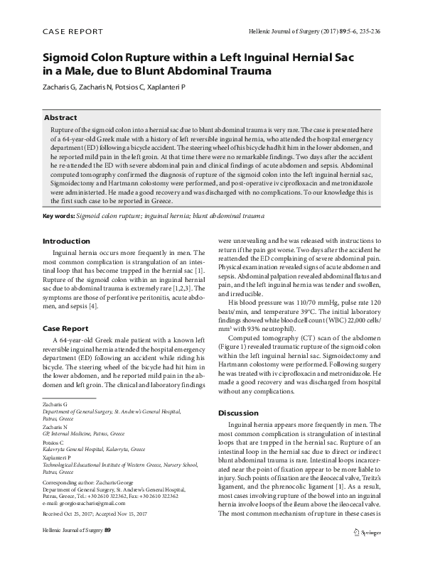 (PDF) Sigmoid colon rupture within a left inguinal hernial sac in a ...