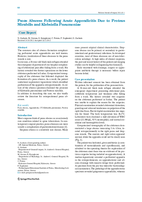 (PDF) Psoas abscess following acute appendicitis due to Proteus ...