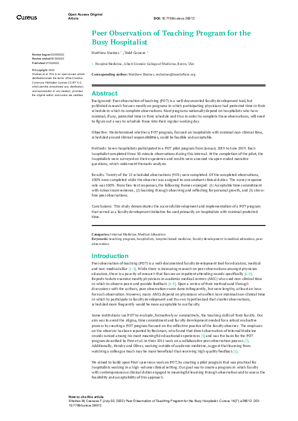 (PDF) Peer Observation of Teaching Program for the Busy Hospitalist ...