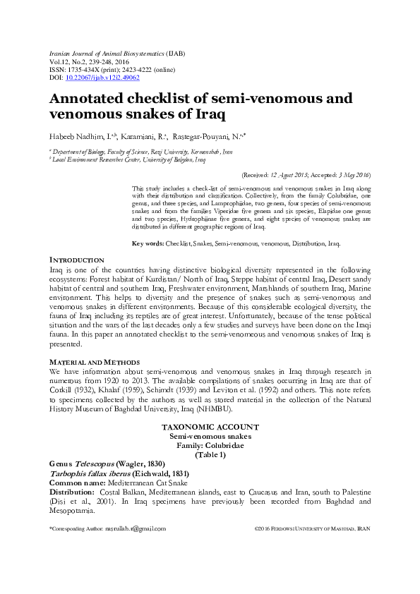 (PDF) Annotated checklist of semi- venomous and venomous snakes of Iraq