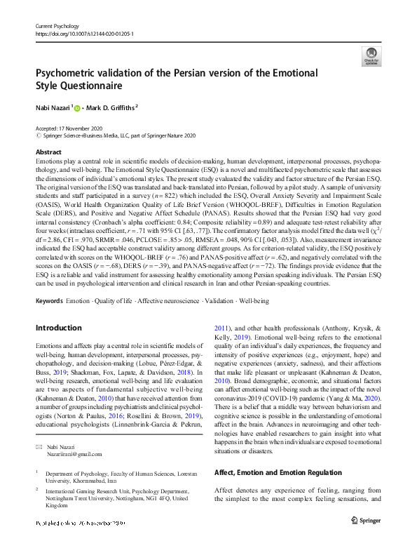 (PDF) Validation of Persian Emotional Style Questionnaire