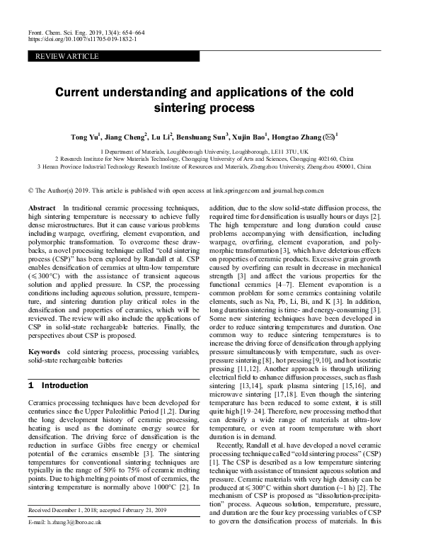 (PDF) Current understanding and applications of the cold sintering process