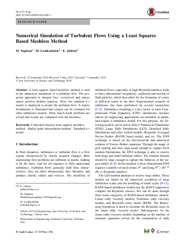 Pdf Numerical Simulation Of Turbulent Flows Using A Least Squares Based Meshless Method