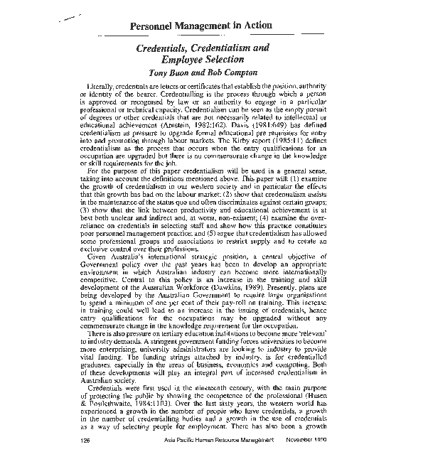 (PDF) Credentials, Credentialism and Employee Selection