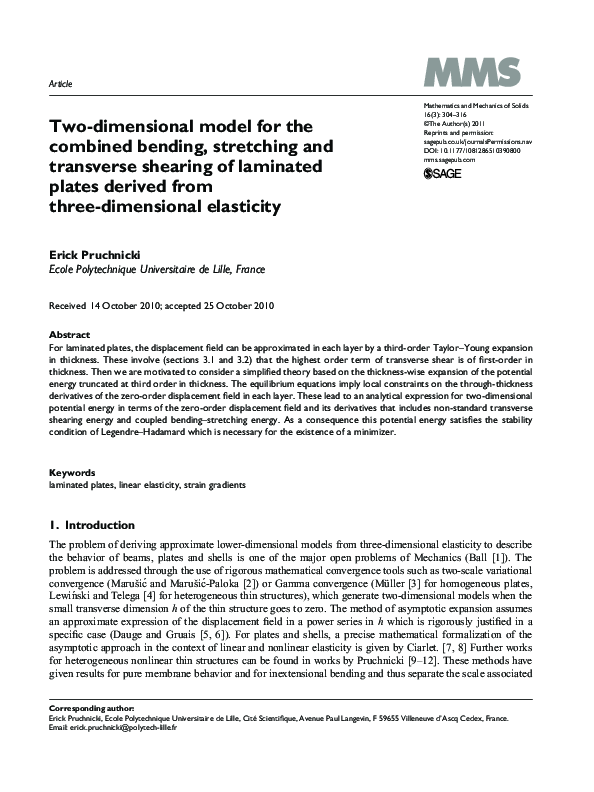 (PDF) Two-dimensional model for the combined bending, stretching and transverse shearing of ...