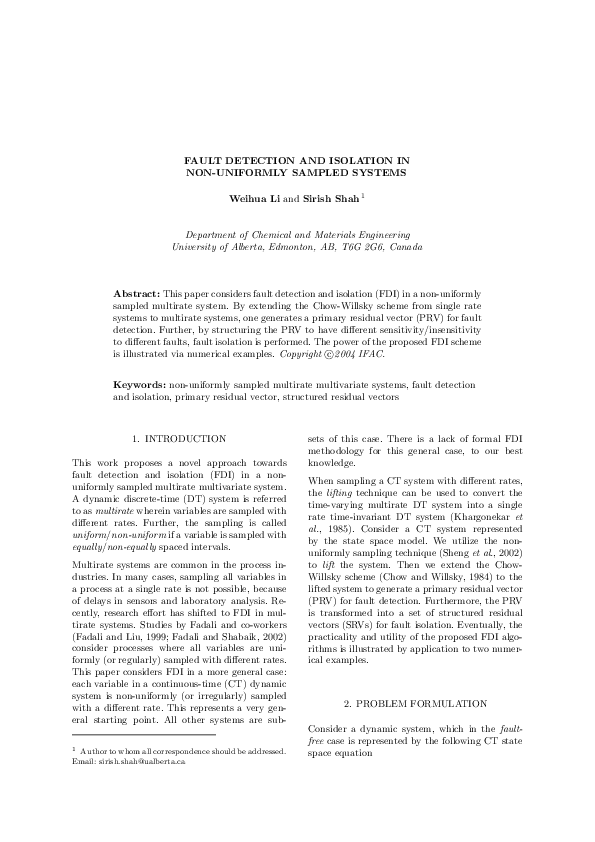 (PDF) Fault Detection and Isolation in Non-Uniformly Sampled Systems