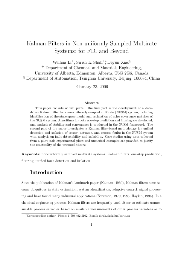 (PDF) Kalman filters in non-uniformly sampled multirate systems: For FDI and beyond