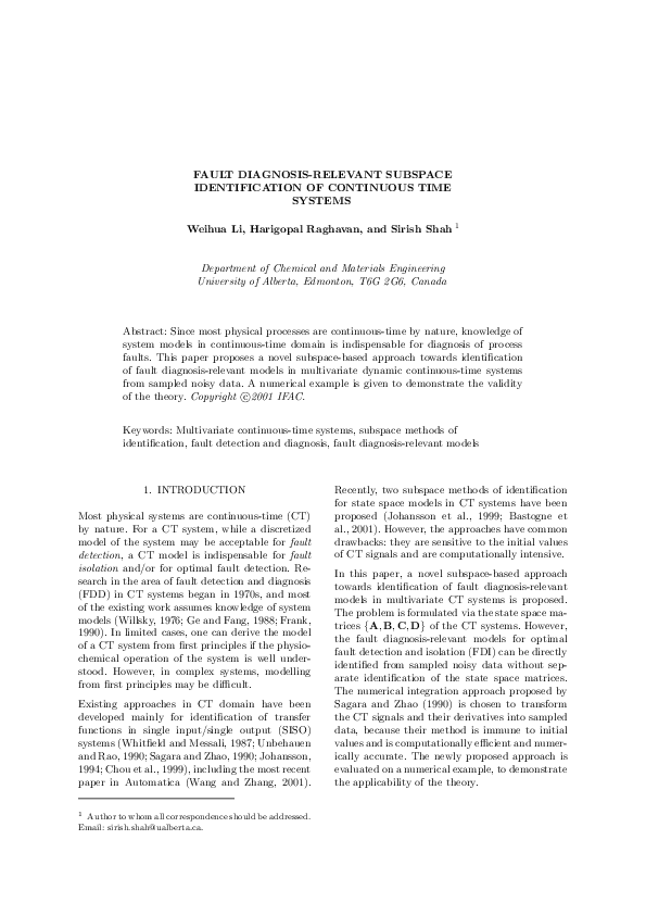(PDF) Fault Diagnosis-Relevant Subspace Identification of Continuous Time Systems