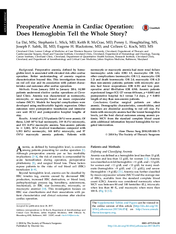 (PDF) Preoperative Anemia in Cardiac Operation: Does Hemoglobin Tell ...