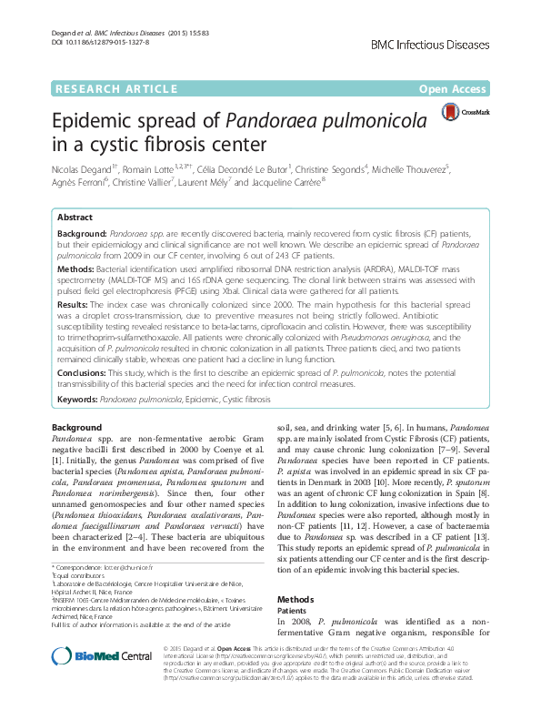 (PDF) Epidemic spread of Pandoraea pulmonicola in a cystic fibrosis center