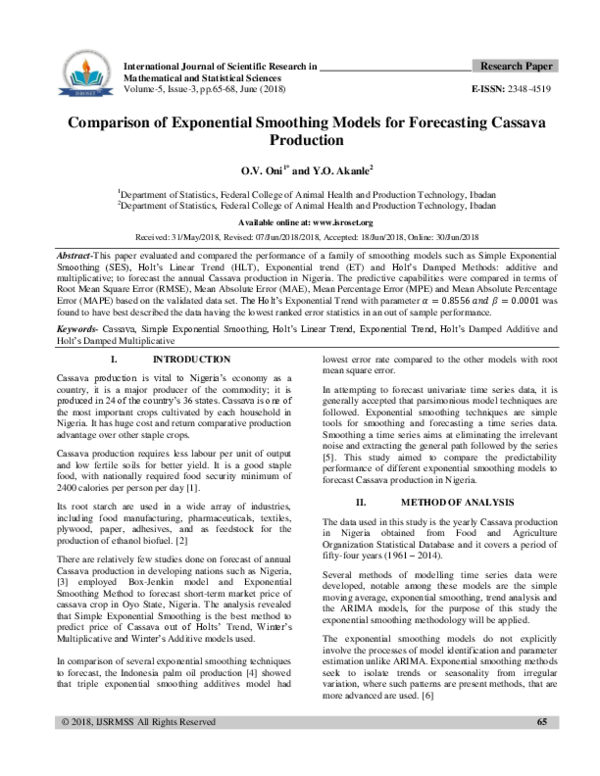 Pdf Comparison Of Exponential Smoothing Models For Forecasting