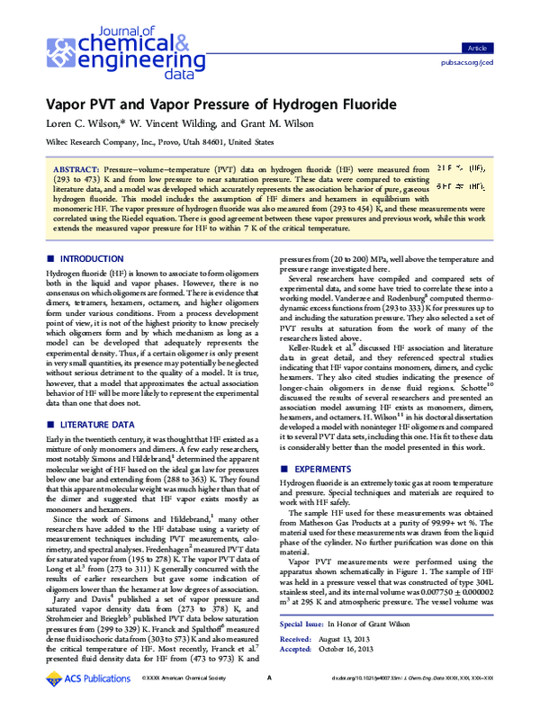 (PDF) Vapor PVT and Vapor Pressure of Hydrogen Fluoride