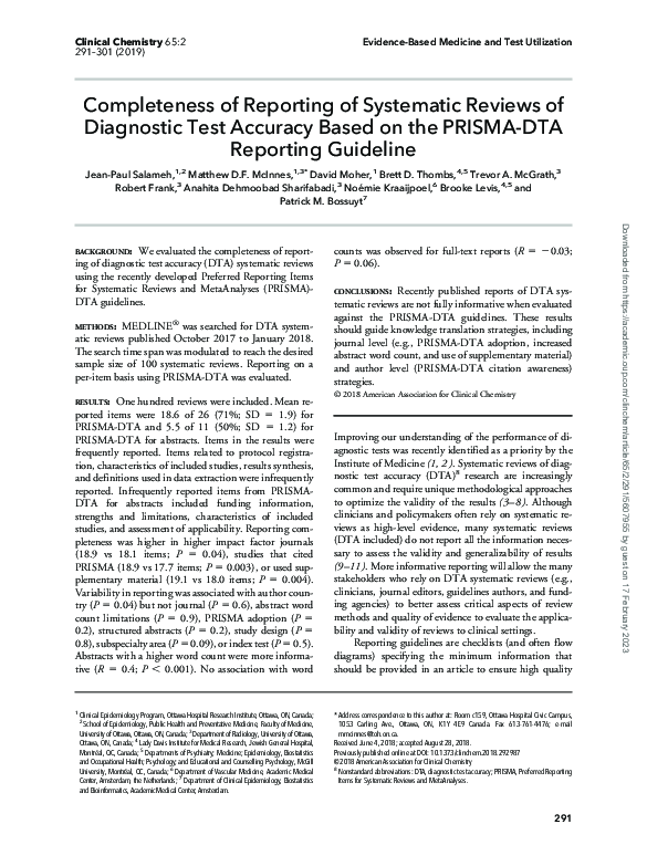 (PDF) Completeness of Reporting of Systematic Reviews of Diagnostic ...