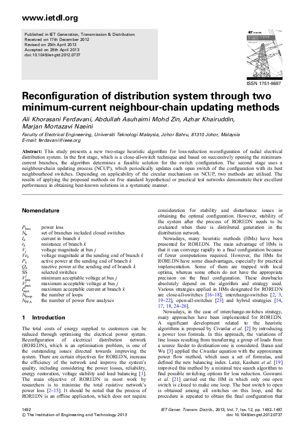 (PDF) Reconfiguration of distribution system through two minimum‐current neighbour‐chain ...