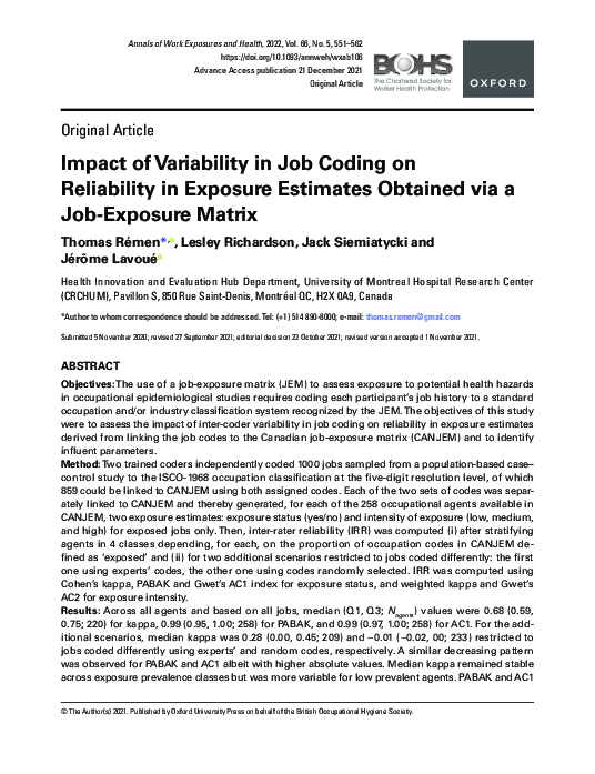 (PDF) Impact of Variability in Job Coding on Reliability in Exposure ...