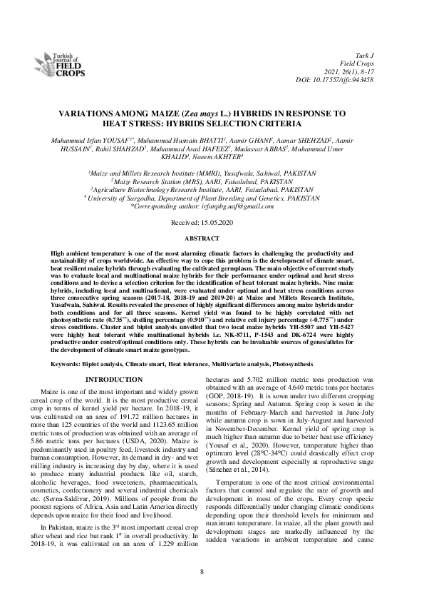 (PDF) VARIATIONS AMONG MAIZE (Zea Mays L.) HYBRIDS IN RESPONSE TO HEAT STRESS: HYBRIDS SELECTION ...