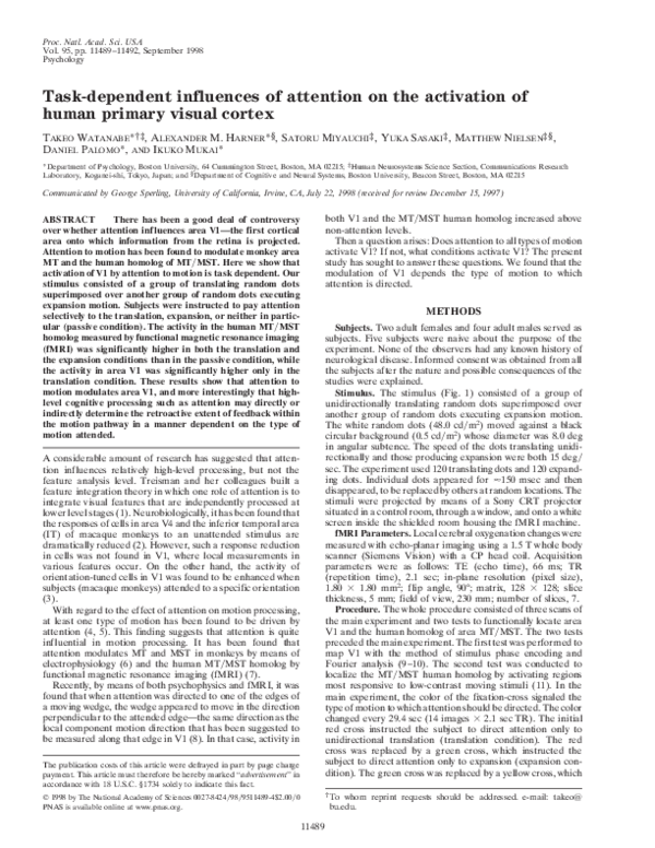 (PDF) Task-dependent influences of attention on the activation of human primary visual cortex