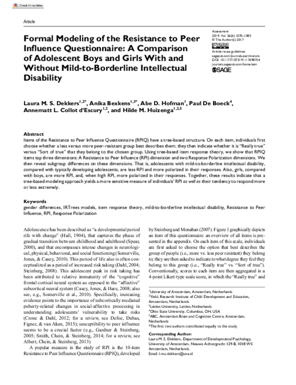 (PDF) Formal Modeling of the Resistance to Peer Influence Questionnaire ...