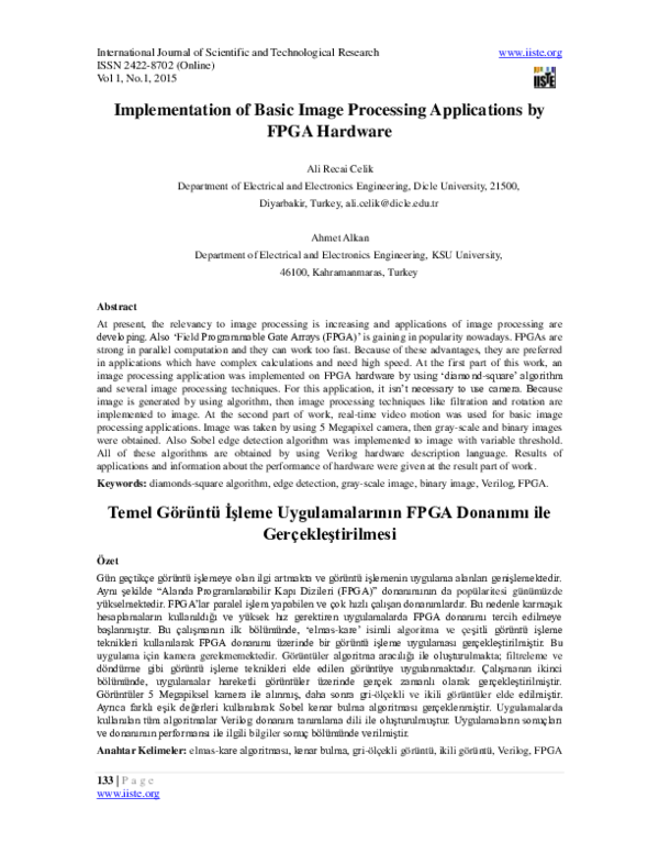 (PDF) Implementation of Basic Image Processing Applications by FPGA Hardware