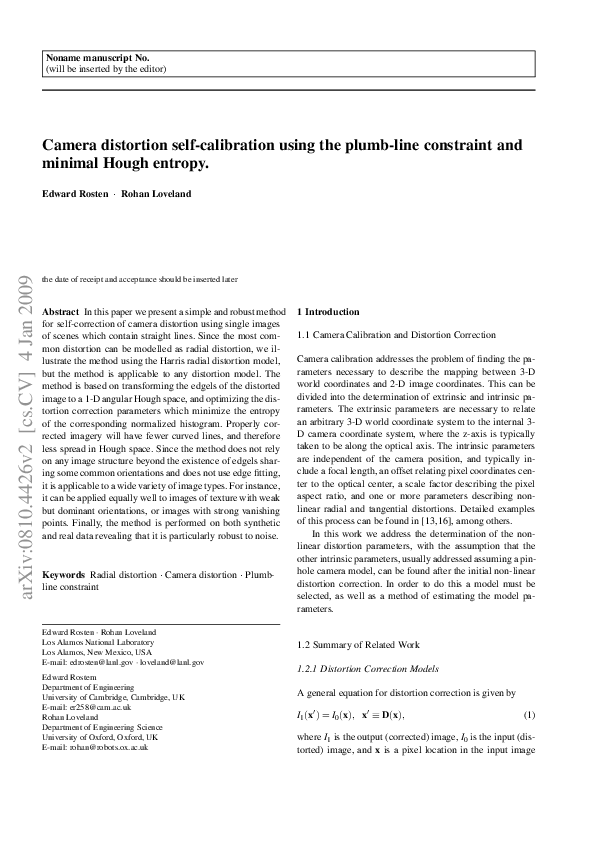 (PDF) Camera distortion self-calibration using the plumb-line constraint and minimal Hough ...
