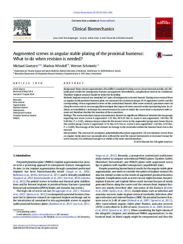 (PDF) Augmented screws in angular stable plating of the proximal ...