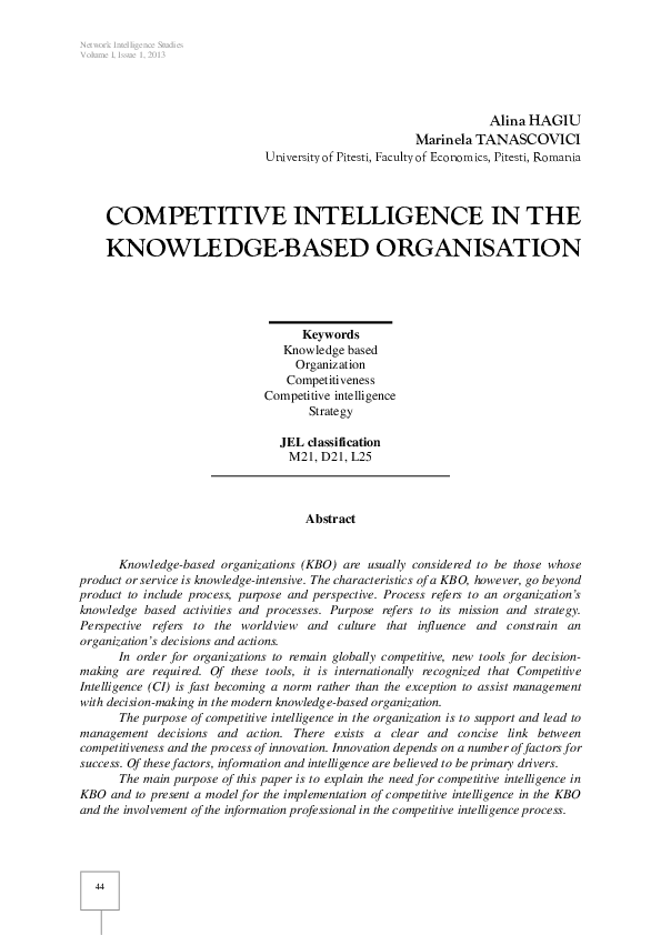 (PDF) Competitive Intelligence in the Knowledge-Based Organisation