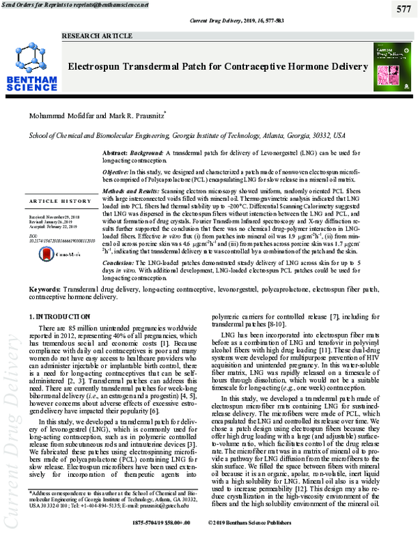 (PDF) Electrospun Transdermal Patch for Contraceptive Hormone Delivery