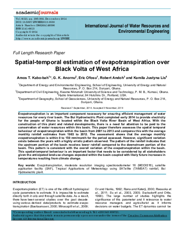 (PDF) Spatial-temporal estimation of evapotranspiration over Black Volta of West Africa