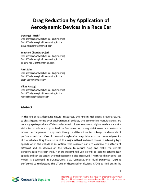 (PDF) Drag Reduction by Application of Aerodynamic Devices in a Race Car