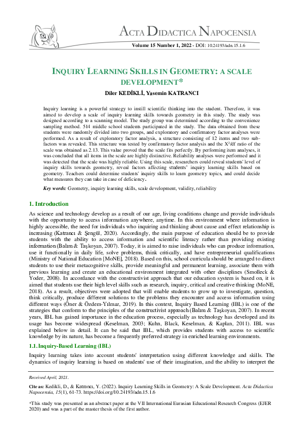 (PDF) Inquiry Learning Skills in Geometry : a scale development